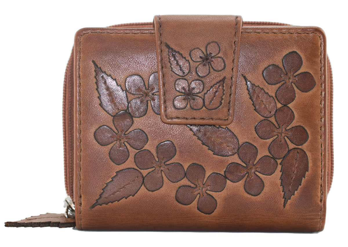 Wild Bloom Classic Tan Leather Tab Purse - 58 3709 – Mala Leather Limited